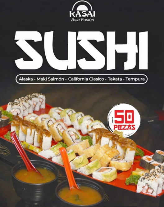 50 piezas+ 2 Sopas Miso (Alaska + Takata + Maki Salmon + California ...